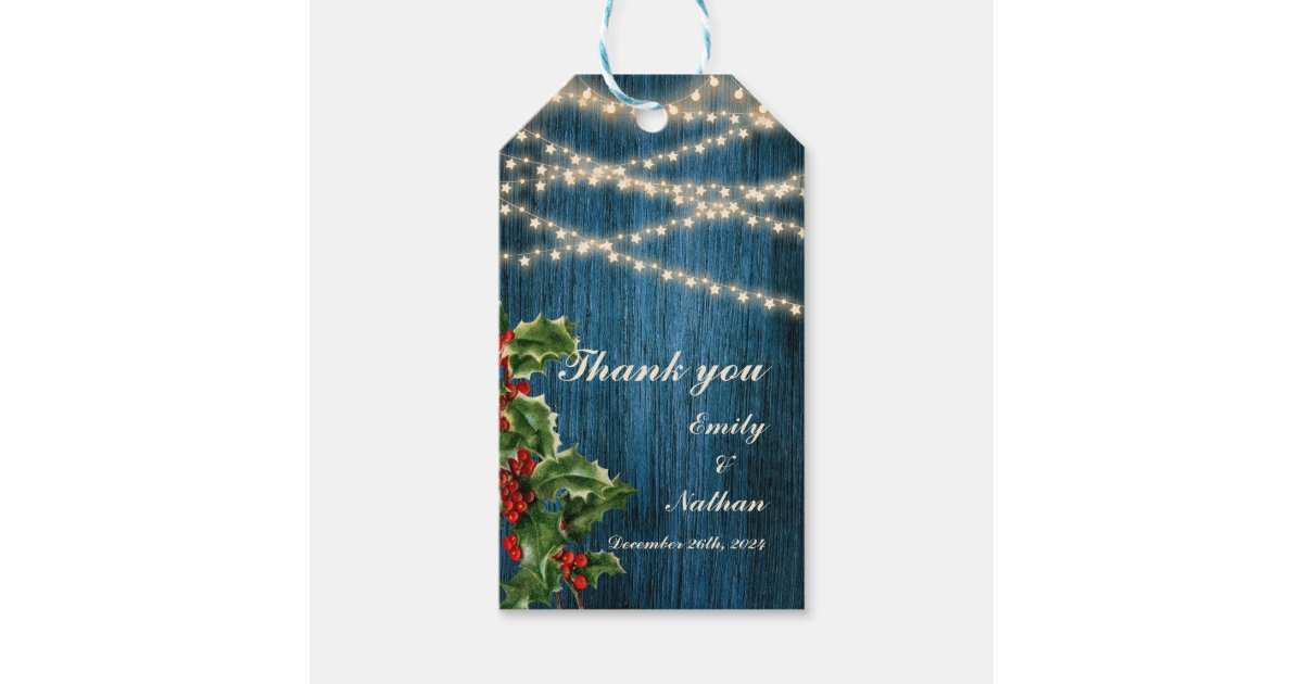 Rustic Blue Wood Lights Christmas Wedding Favor Gift Tags | Zazzle