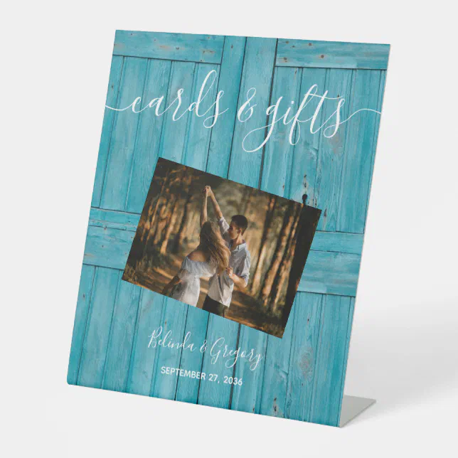 Rustic Blue Wood Photo Wedding Cards Gifts Pedestal Sign | Zazzle