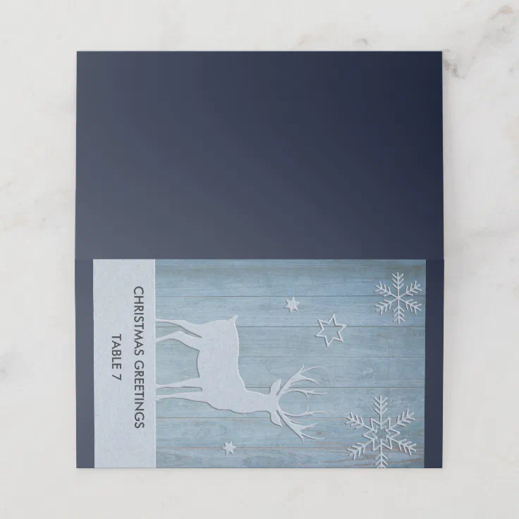 Rustic Blue Wood Reindeer Country Christmas Place Card | Zazzle