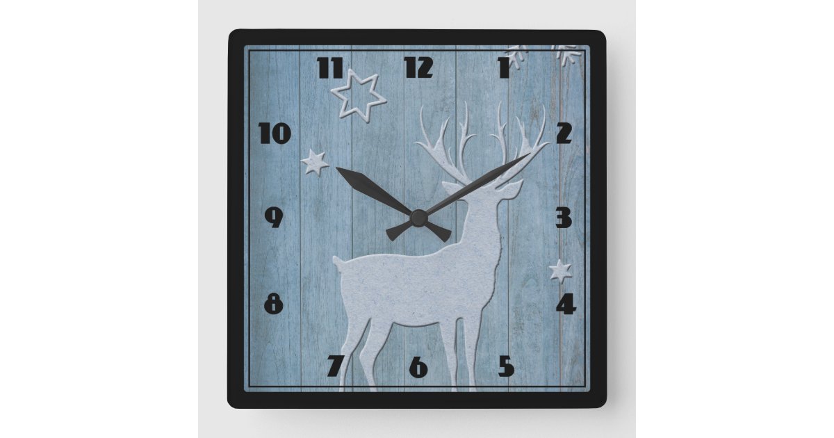 Rustic Blue Wood Reindeer Country Christmas Square Wall Clock | Zazzle