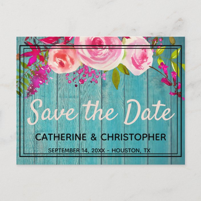 Rustic Blue Wood Rose Floral Save the Date Postcard | Zazzle.com