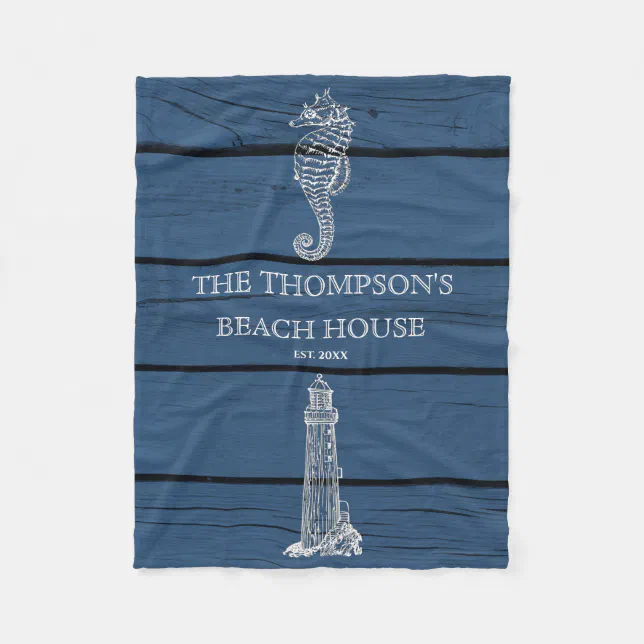Rustic Blue Wood Seahorse Lighthouse Beach House Fleece Blanket | Zazzle
