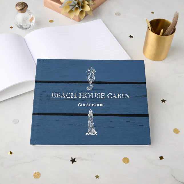 Rustic Blue Wood Seahorse Lighthouse Beach House Guest Book | Zazzle