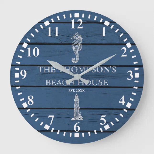 Rustic Blue Wood Seahorse Lighthouse Beach House Large Clock | Zazzle