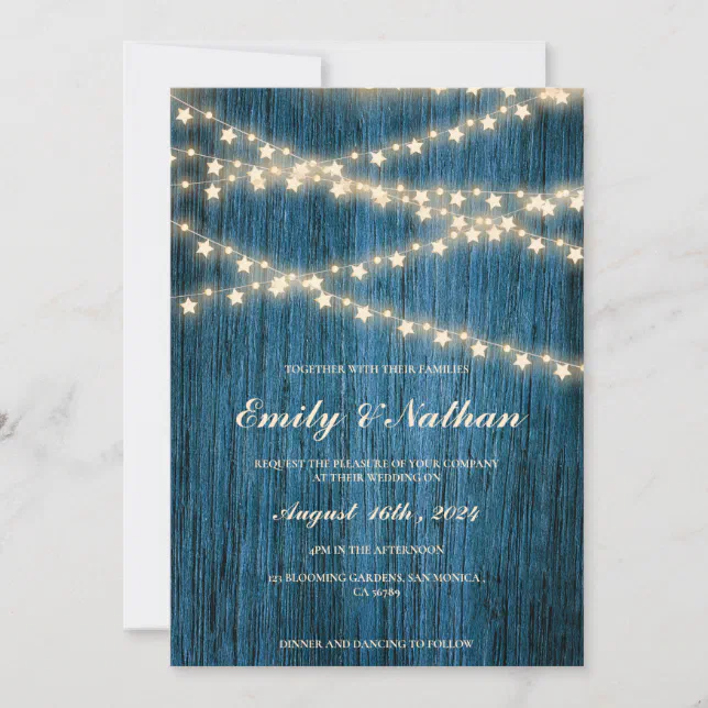 Rustic Blue Wood String Lights Wedding Invitation | Zazzle