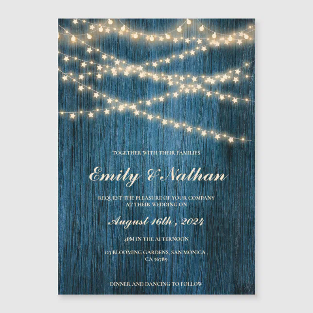 Rustic Blue Wood String Lights Wedding Invitation | Zazzle