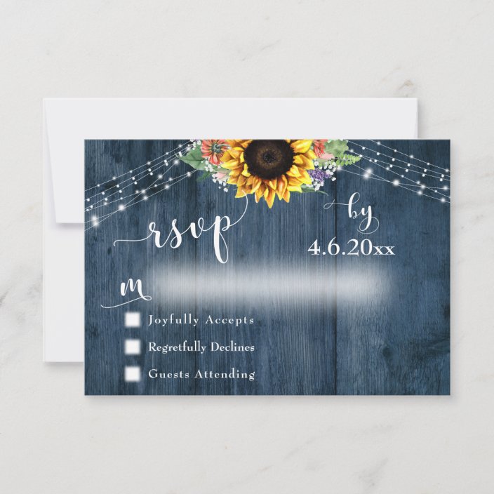 Rustic Blue Wood Sunflower Bouquet Lights Wedding RSVP Card | Zazzle.com