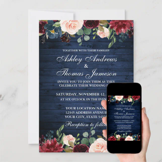 Rustic Blue Wood Wedding Floral Burgundy Blue Invitation | Zazzle