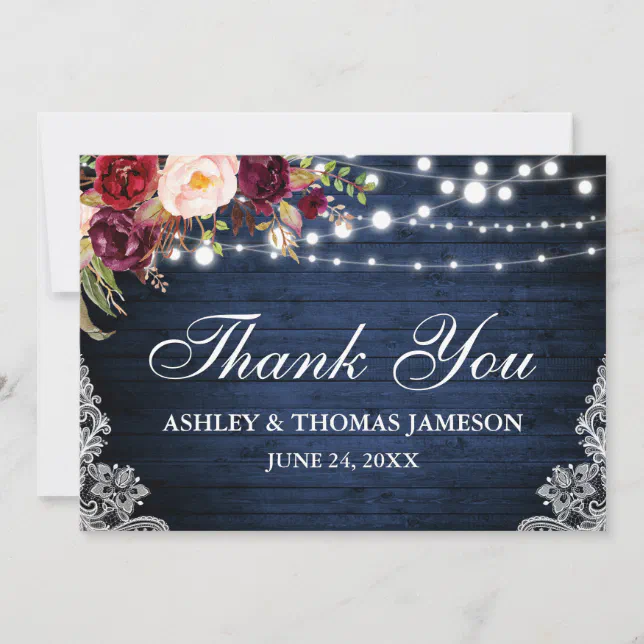 Rustic Blue Wood Wedding Floral Lights Lace Thanks Thank You Card | Zazzle