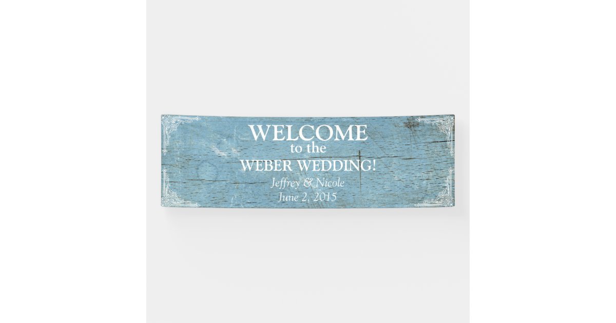 Rustic Blue Wood Wedding with Flourish Banner | Zazzle