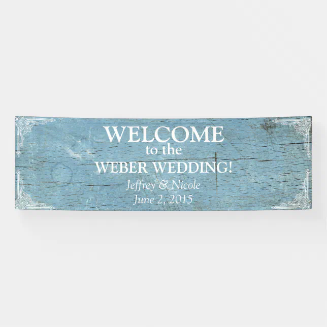 Rustic Blue Wood Wedding with Flourish Banner | Zazzle