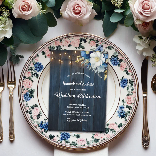 Rustic Blue Wood White Blue Floral Wedding Invitation | Zazzle