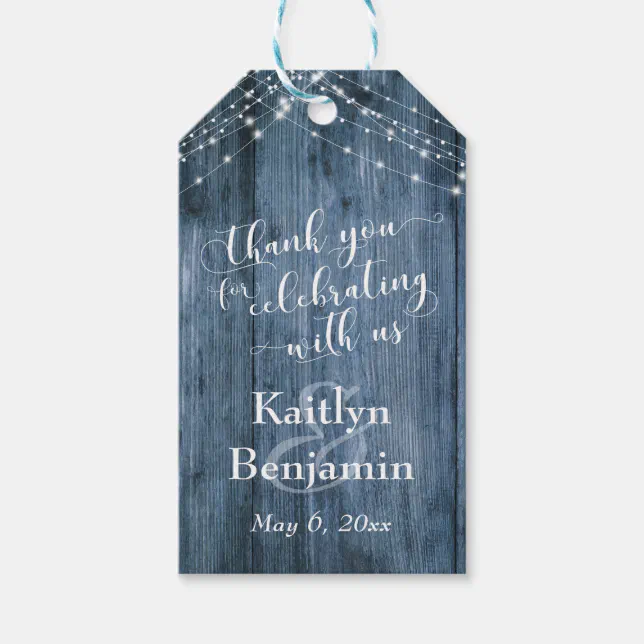 Rustic Blue Wood, White Light Strings Thank You Gift Tags | Zazzle