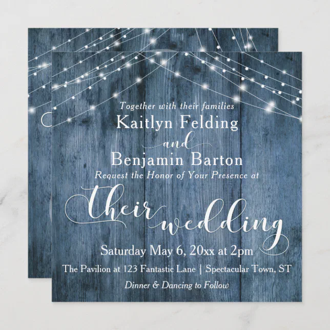 Rustic Blue Wood, White Light Strings Wedding Invitation | Zazzle
