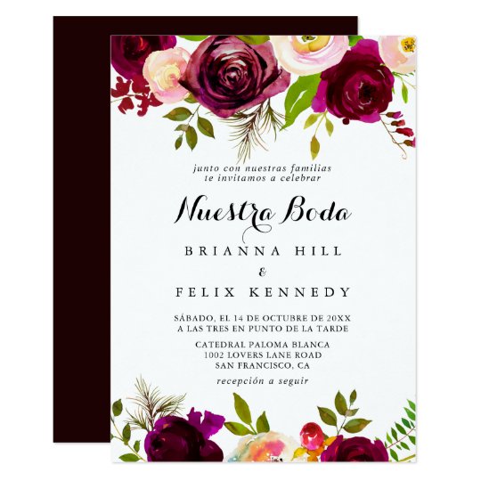 Rustic Blush Burgundy Floral Nuestra Boda Wedding Invitation | Zazzle.com