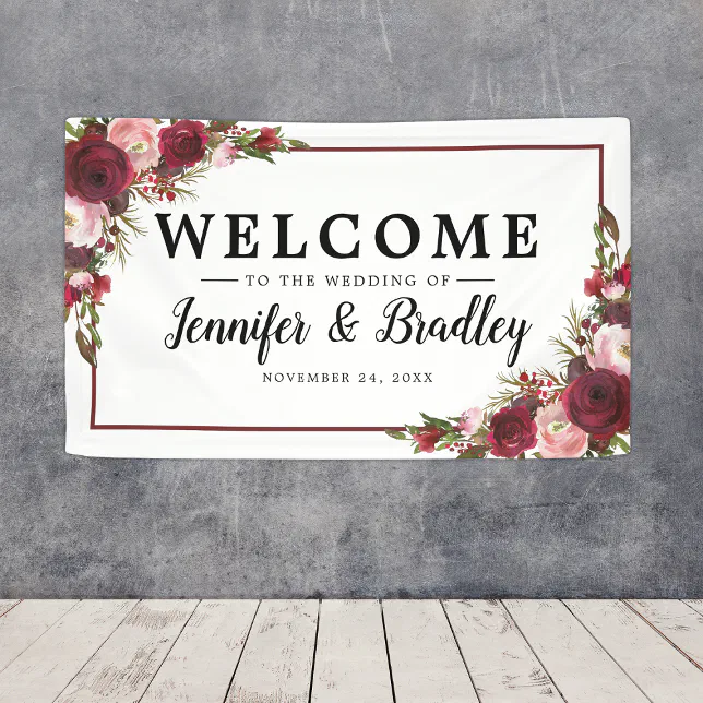 Rustic Blush Burgundy Flowers Wedding Banner | Zazzle