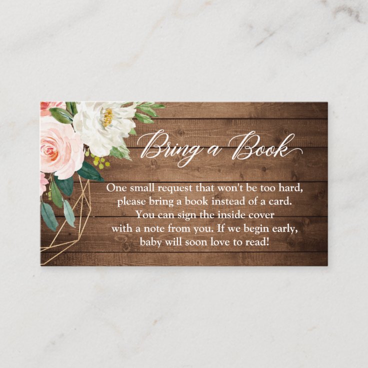 Rustic Blush Floral Bring a Book Baby Shower Card | Zazzle
