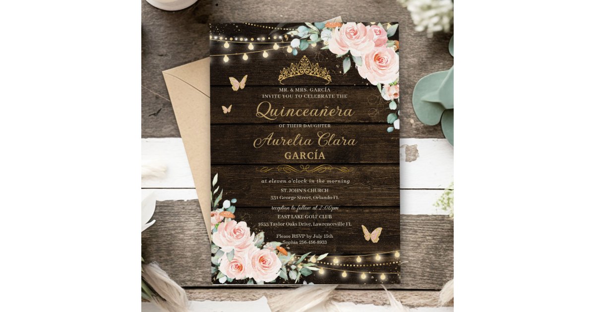 Rustic Blush Floral Enchanted Forest Quinceanera Invitation | Zazzle