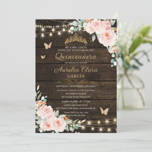 Rustic Blush Floral Enchanted Forest Quinceanera Invitation | Zazzle