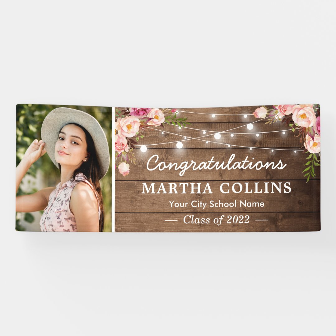 Rustic Blush Floral Grad Photo Graduation Party Banner | Zazzle