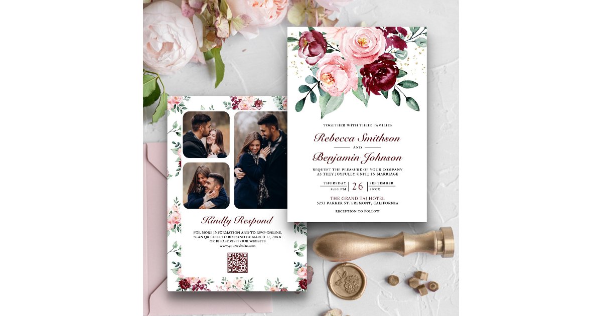 Rustic Blush Pink Burgundy Floral QR Code Wedding Invitation | Zazzle