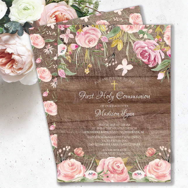 Rustic Blush Pink Floral First Holy Communion Invitation | Zazzle