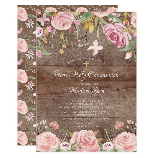 Rustic Blush Pink Floral First Holy Communion Invitation | Zazzle.com
