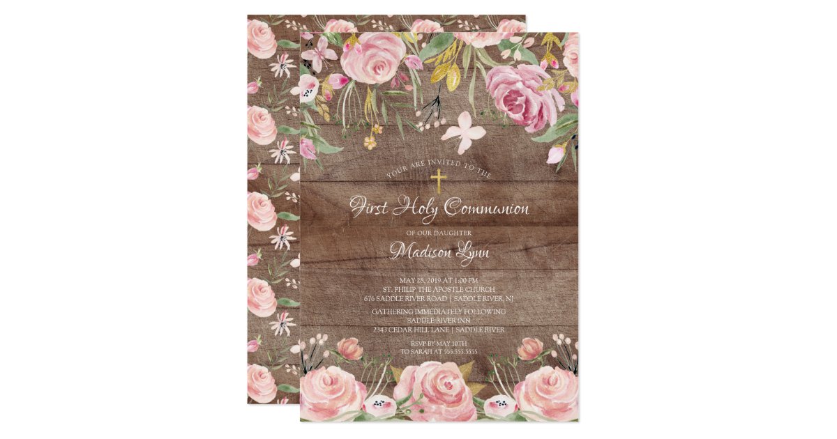 Rustic Blush Pink Floral First Holy Communion Invitation | Zazzle.com