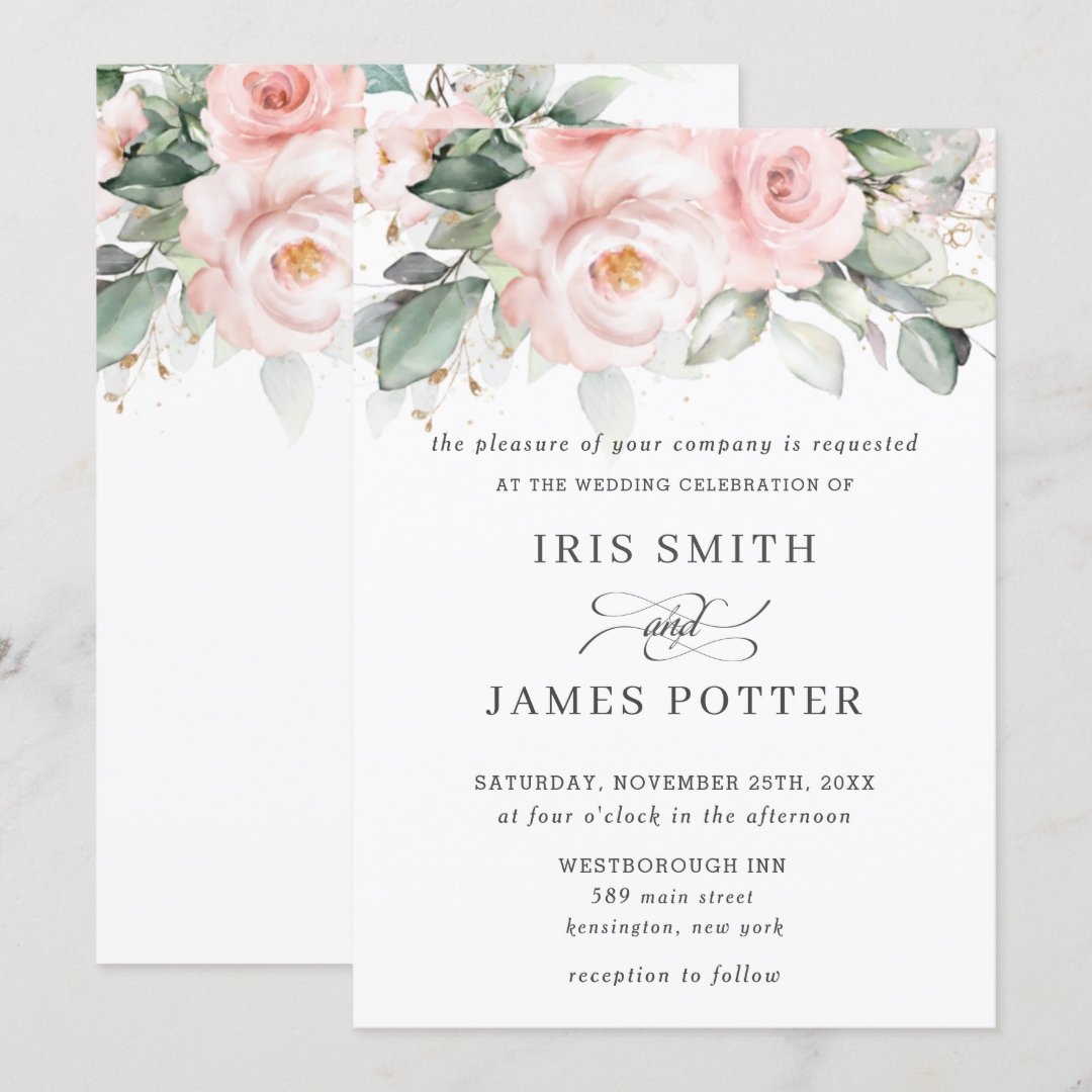 Rustic Blush Pink Floral Roses Greenery Wedding Invitation | Zazzle