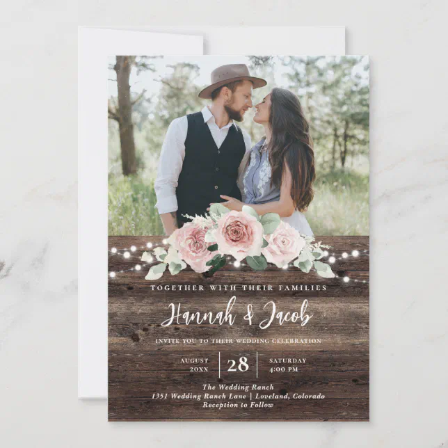 Rustic Blush Pink Floral Wood String Light Wedding Invitation | Zazzle
