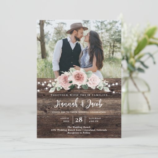 Rustic Blush Pink Floral Wood String Light Wedding Invitation | Zazzle