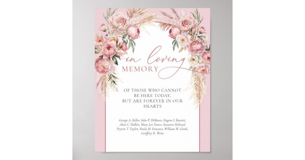 Rustic Blush pink peonies pampas In loving memory Poster | Zazzle