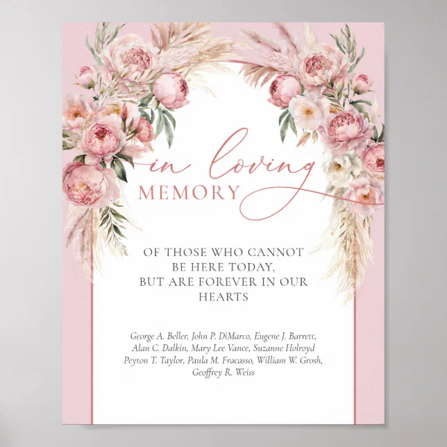 Rustic Blush pink peonies pampas In loving memory Poster | Zazzle