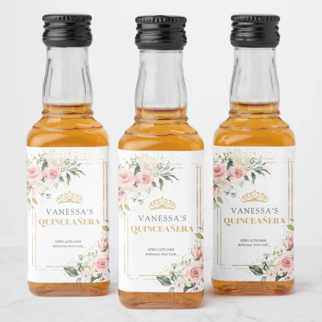 Rustic blush pink roses eucalyptus Quinceañera Liquor Bottle Label | Zazzle