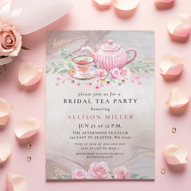 Rustic Blush Rose Gold Tea Party Bridal Shower Invitation | Zazzle