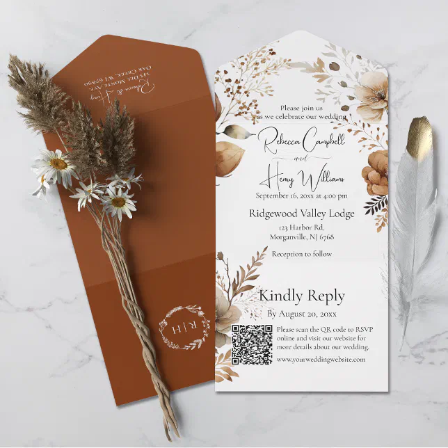 Rustic Bohemian Fall Autumn QR Code Wedding All In One Invitation | Zazzle