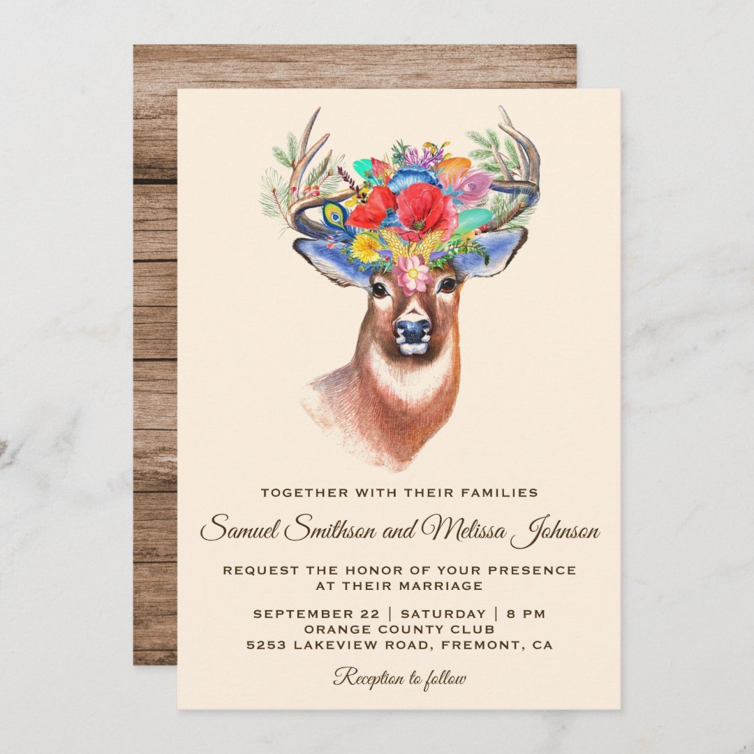 Rustic Bohemian Floral Deer Wedding Invitation | Zazzle