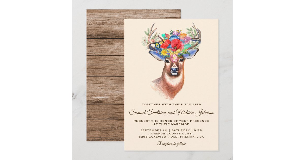 Rustic Bohemian Floral Deer Wedding Invitation | Zazzle