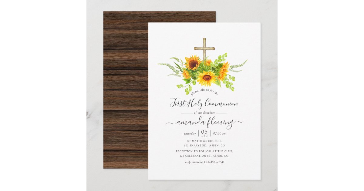 Rustic Bohemian Sunflowers Holy Communion Invitation | Zazzle