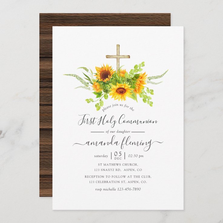 Rustic Bohemian Sunflowers Holy Communion Invitation | Zazzle