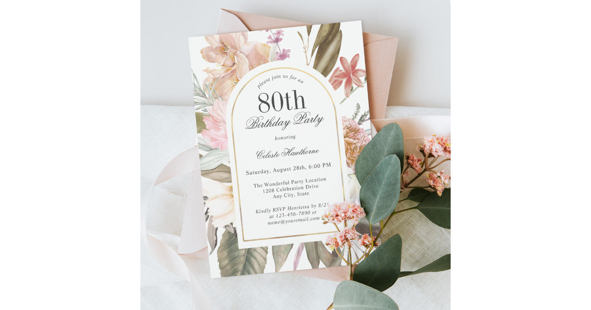 Rustic Boho Arch Frame Floral 80th Birthday Party Invitation | Zazzle