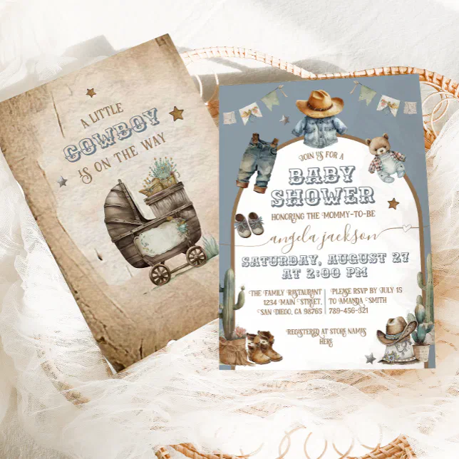 Rustic Boho arch Wild West Blue Boy Baby Shower Invitation | Zazzle