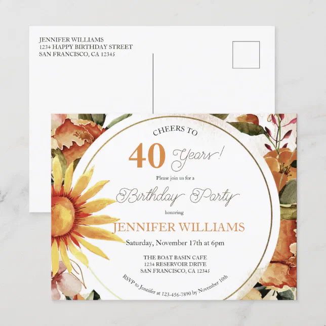 Rustic Boho Autumn Sunflower 40th Birthday Party I Invitation Postcard ...