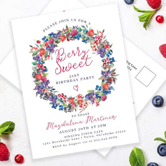 Rustic Boho Berry Sweet Summer 21st Invitation Postcard | Zazzle
