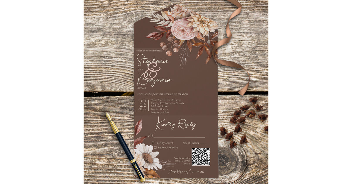 Rustic Boho Blush Neutrals Floral Brown QR Code All In One Invitation ...