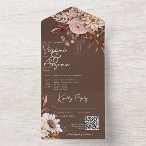 Rustic Boho Blush Neutrals Floral Brown QR Code All In One Invitation ...