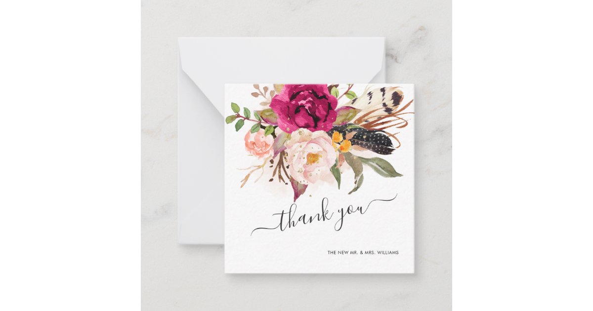 Rustic Boho Blush Watercolor Flowers thank you Note Card | Zazzle
