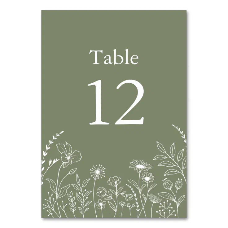 Rustic Boho Chic Wildflower Sage Green Table Number | Zazzle