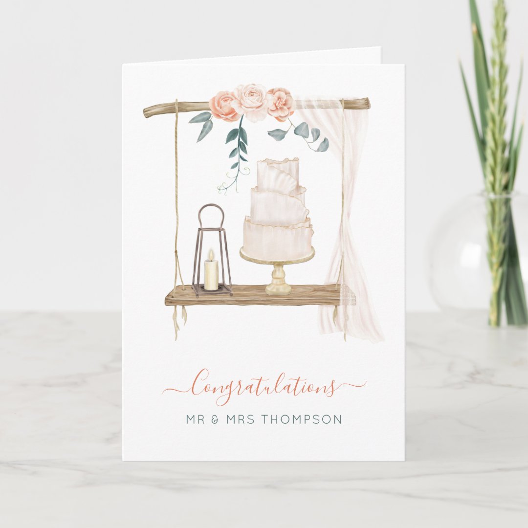 Rustic Boho Congrats Newlyweds Name Wedding Cake Card | Zazzle