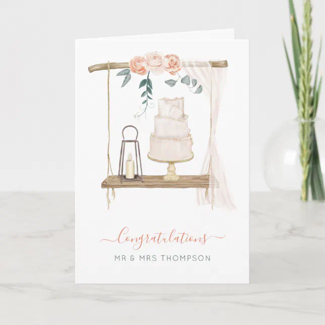 Rustic Boho Congrats Newlyweds Name Wedding Cake Card | Zazzle
